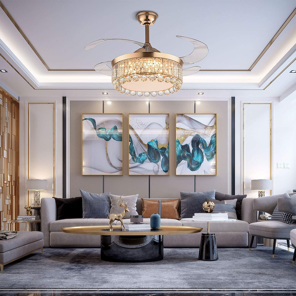 TFCFL 42" Gold Crystal Ceiling Fan Lights with Remote Control,Ceiling Fan Chandelier LED Three-Color Lights 3 Speeds Fan Retractable Blade for Living Room, Kitchen, Restaurant (Gold)