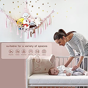 Stuffed Animal Toy Hammock Corner Hammock Organizer Display Rack Bohemian Net Bag For Hanging Toys Hanging Stuffed Animal Organizer Corner Toy Storage Rack Stuffed Animal Net Tassel 44 In (Pink)