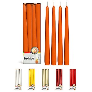 BOLSIUS Orange Taper Candles - 4 Pack Unscented 10 Inch Dinner Candle Set - 8 Hours Burn Time - Premium European Quality - Smokeless and Dripless Household Wedding, Party, and Home Decor Candlesticks