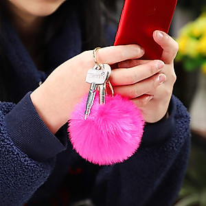 Soleebee Soft Artificial Rabbit Fur Keychain Plush Ball Key Ring Cute Pom Pom Bag Charm for Women Girls (A-Hot Pink)