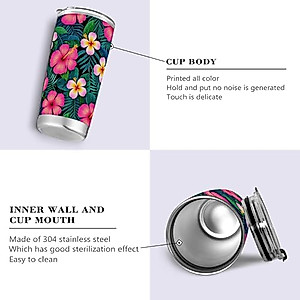 Summer Plumeria Hibiscus Palm Leaf Stainless Steel cups with lids with Lid and Straw coffee mugs with lids for Home, Office or Car safe tumbler with lid and straw 20 OZ