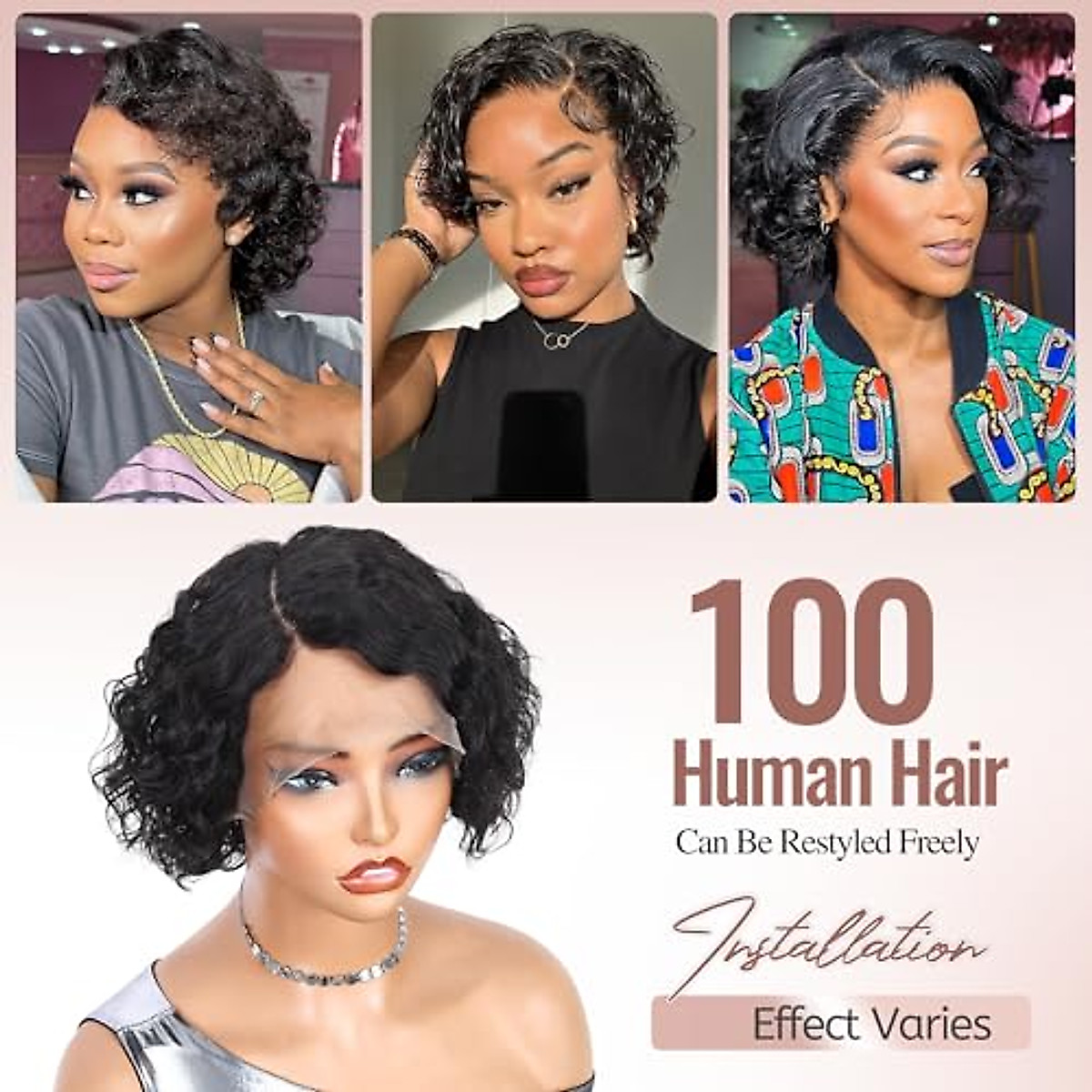 WIGER Short Lace Front Wigs Human Hair for Women Short Curly Bob Wig Black Wavy Lace Wig Black Pixie Cut Wig Brazilian Virgin Human Hair Curly Wigs 180% Density Side Part