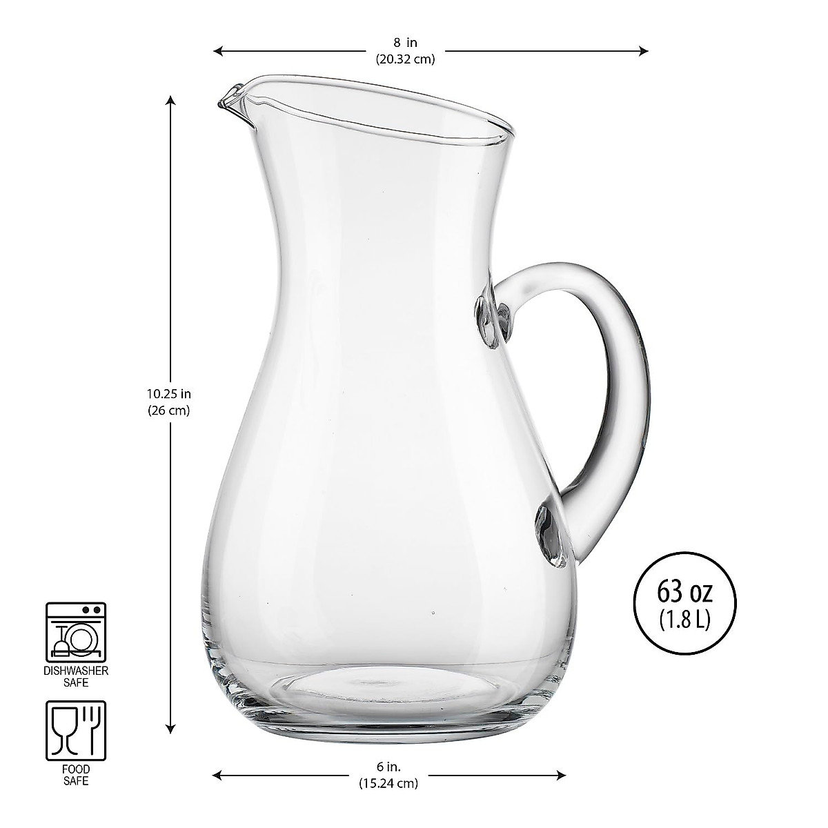 Glass Water Pitcher with Spout – 63 Oz. Elegant Serving Carafe for Water, For Cocktails, Juice, Water – Clear Glass Beverage Pitcher.