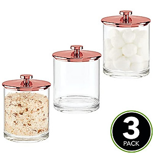 mDesign Medium Modern Apothecary Storage Organizer Canister Jars - Acrylic Containers for Bathroom, Organization Holder for Vanity, Counter, Makeup Table, Lumiere Collection, 3 Pack - Clear/Rose Gold