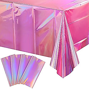 4 Pack Iridescent Pink Plastic Tablecloths, Shiny Disposable Laser Rectangle Table Covers, Holographic Foil Tablecloth Iridescent Party Decorations for Birthday Bridal Wedding Christmas, 54 x 108 Inch