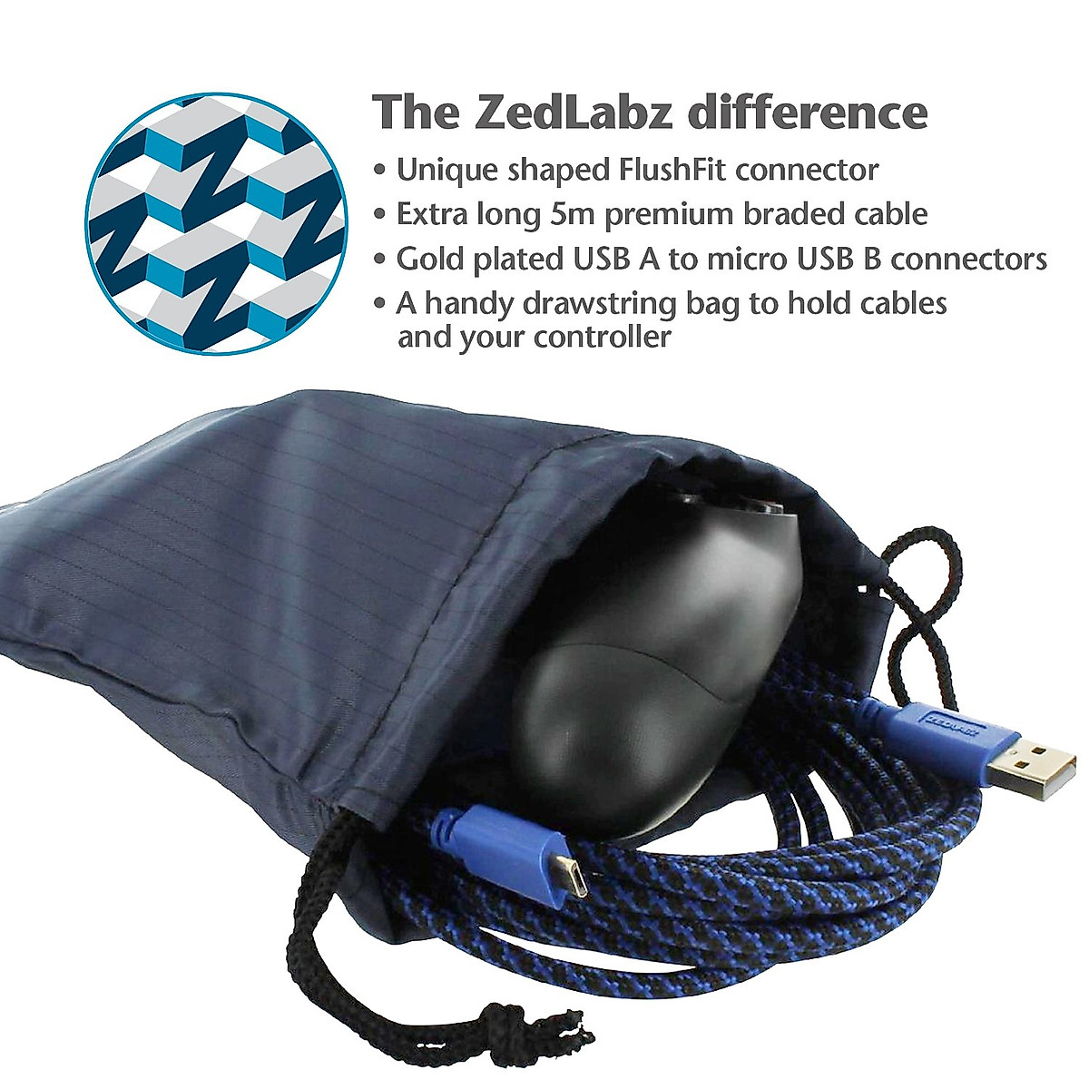 ZedLabz Ultra 5M braided charging cable for Sony PS4 controllers - gold plated flush fit extra long USB play & charge cable lead – Includes tidy and drawstring storage bag