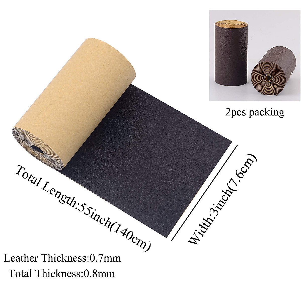 KJML DIY Leather Repair Patch Tape for Couches 2packs kit 3X55inch Self-Adhesive refinisher cuttable for Furniture Sofa Vinyl Car Seats Couch Chairs Shoes First Aid Patch Fix(Dark Brown, 3X55 inch)