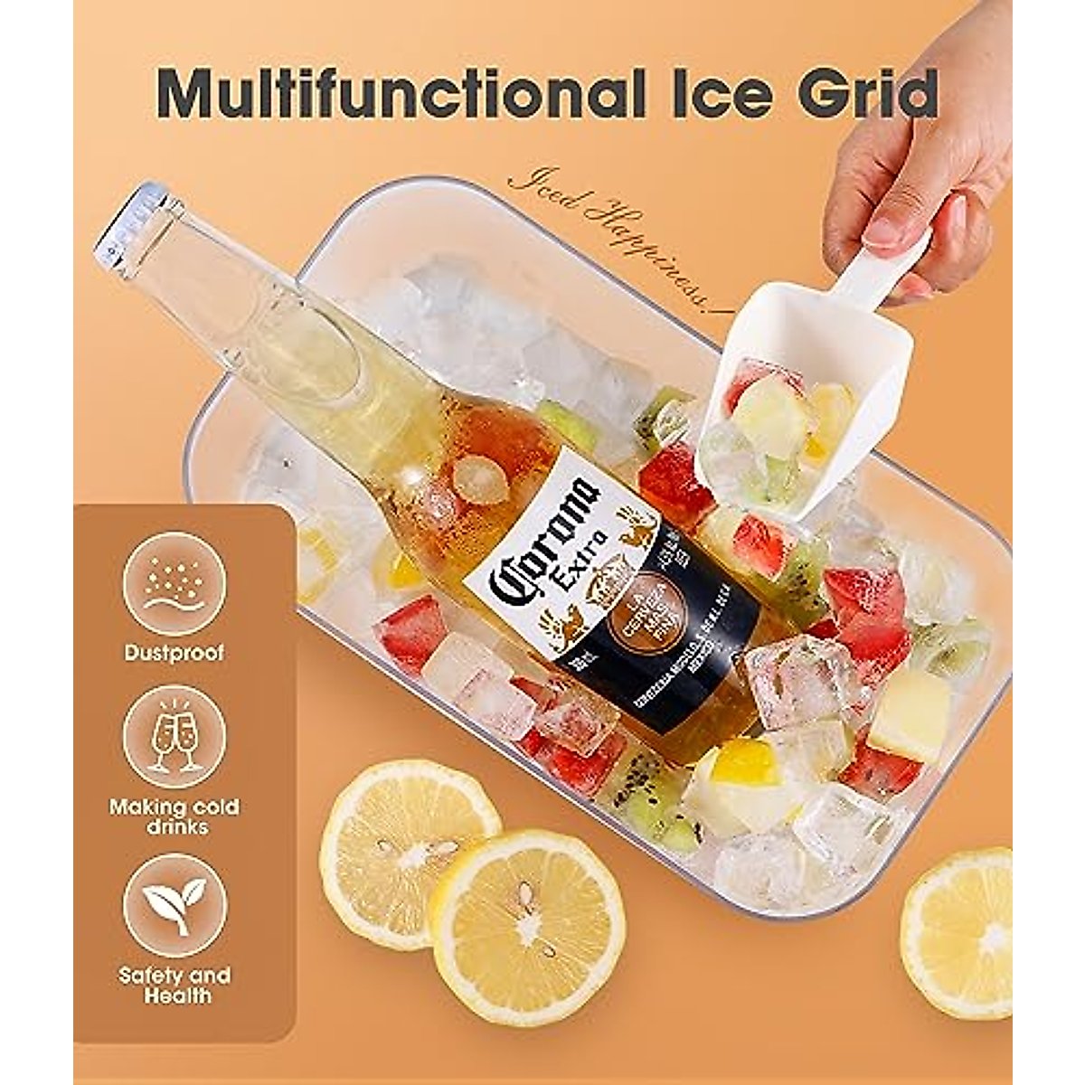 Ice Cube Trays with LId and Bin, Easy Release Ice Trays for Freezer, 2 Pack Ice Cube Molds, 64 Pcs Ice Cube Tray, Large Capacity Ice Tray Holder, Includes Ice Tong, Ice Spoon, for Whiskey, Cocktail.