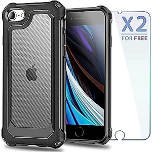 iPhone SE Case, iPhone 8 Case, iPhone 7 Case, SUPBEC Carbon Fiber Shockproof Protective Cover with Screen Protector x2 [Scratch Resistant] [Military Grade Protection], iPhone SE 2022 Case, 4.7", Black