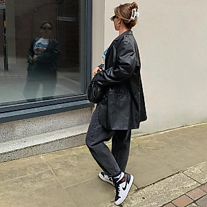 ABYOVRT Women Leather Jacket Oversized Faux Leather Blazer Button Down Lapel Coat with Pockets Vintage Streetwear (Black,Small)