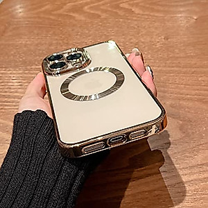 Threehundred for iPhone 13 Pro Case Magnetic Clear with Camera Lens Protector Full Protection MagSafe Electroplated Silicone Dust-Proof Net Shockproof Protective Case Cover 6.1 Inch - Gold