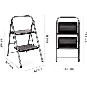 Delxo 2 Step Ladder Folding Step Stool 2 Steps Stepstool with Handrails Wide Pedal,Heavy Duty Sturdy Small Compact Ladder Portable Anti-Slip Safety Kitchen Stepladder Metal Step Stool for Adults Grey