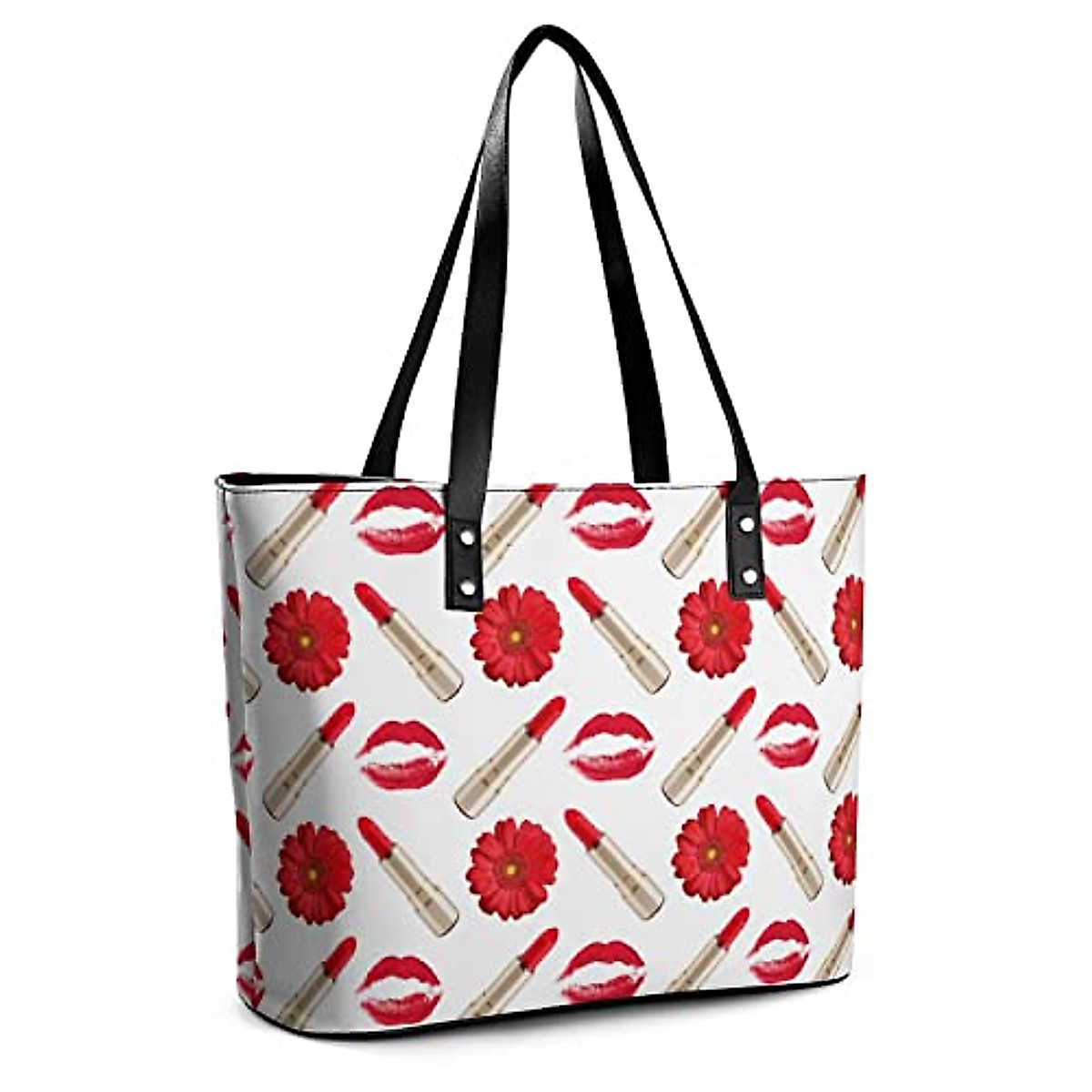 Womens Handbag Red Lipstick And Flowers Leather Tote Bag Top Handle Satchel Bags For Lady