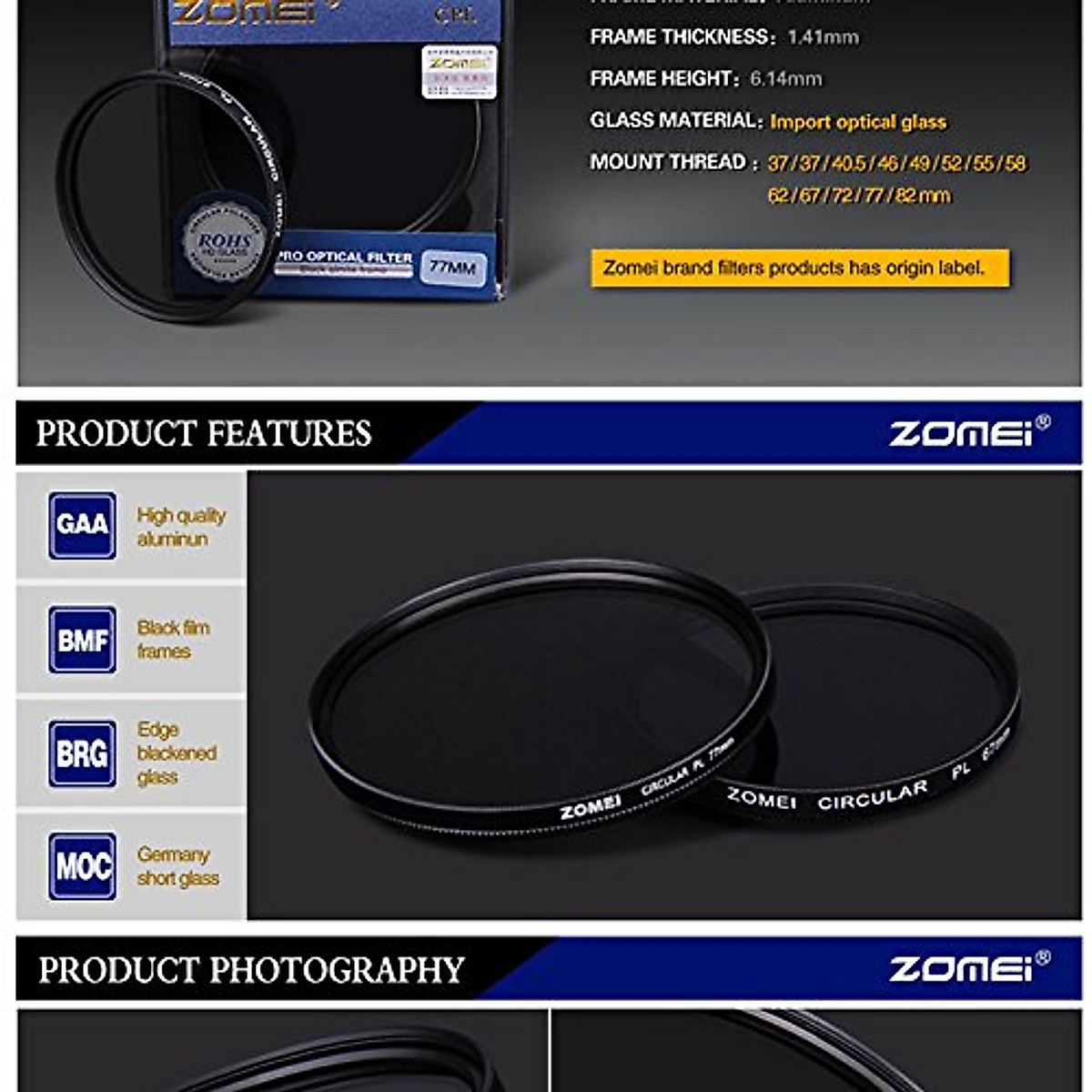 Zomei 55mm CIR-PL Circular Polarizing CPL Filter for Canon Nikon Sony Pentax Fujifilm Olympus DSLR Camera Lens