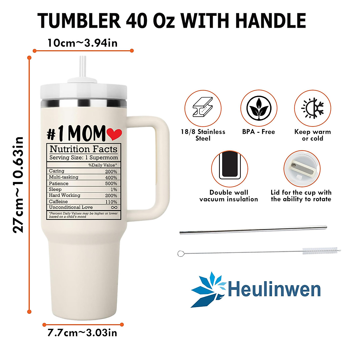 Heulinwen Mama Bear Tumbler with Handle 40oz – Funny Travel Mug for Wife, Bonus Mama, or New Mom – Gift From Daughter Son Husband – Mother's Day Christmas Birthday Surprise – Insulated Cup for Women