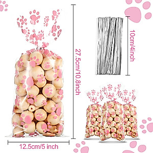 100 Pieces Pet Paw Print Cone Cellophane Bags Heat Sealable Candy Bags Dog Paw Gift Bags Cat Treat Bags with 100 Pieces Silver Twist Ties for Pet Treat Party Favor (Pink)