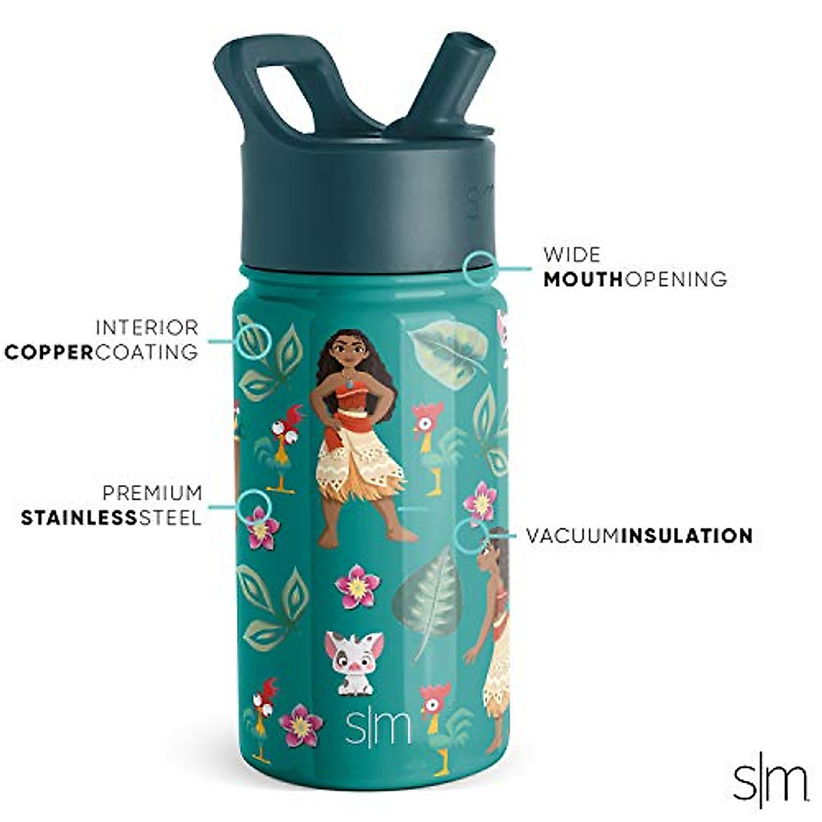 Simple Modern Disney Moana Kids Water Bottle with Straw Lid | Reusable Insulated Stainless Steel Cup for Girls, School | Summit Collection | 14oz, Moanas Village