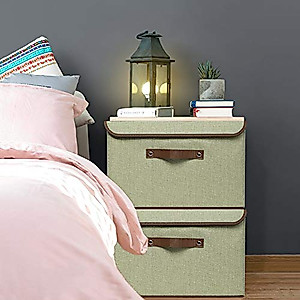 UUJOLY Large Storage Bins Linen Fabric Foldable Basket Cubes Organizer Storage Box Drawer with Lid and Handles for Home, Office, Closet, Bedroom, Nursery（(Green-2pcs)）