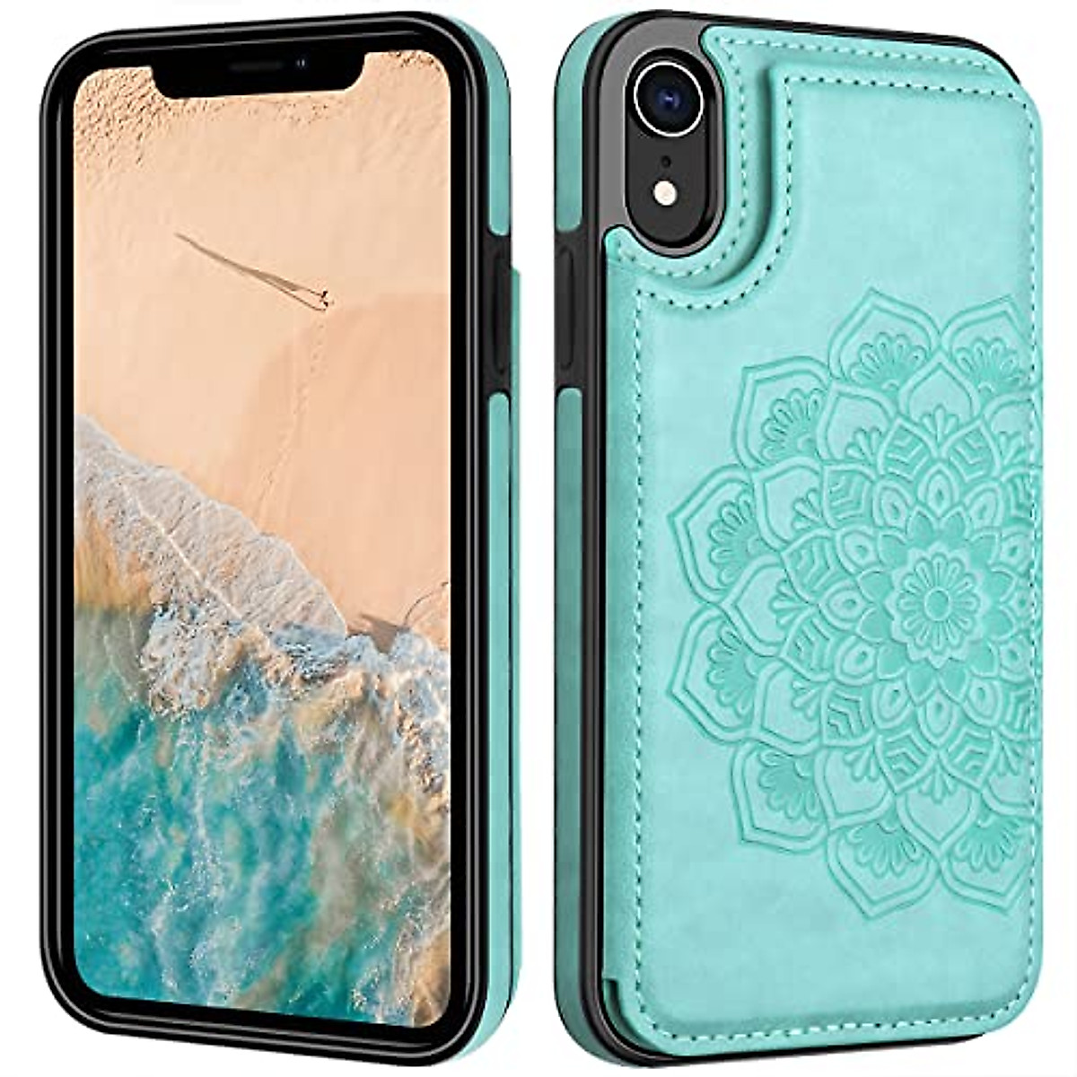 MMHUO for iPhone XR Case with Card Holder, Flower Magnetic Back Flip Case for iPhone XR Wallet Case for Women, Shockproof Protective Case Full Cover Phone Case for iPhone XR,Mint