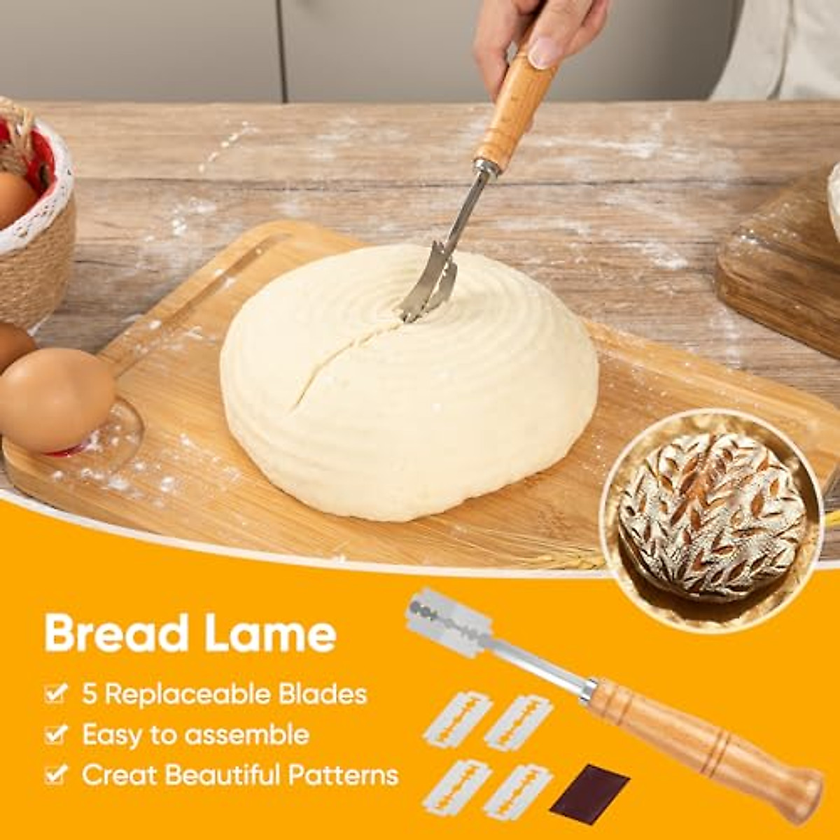 JAOBHAHY Sourdough Bread Baking Supplies, 2 PCS 9" banneton Bread Proofing Baskets, 34 OZ Starter Jar, Linen Liner, Bowl Scraper, Dough Cutte, Bread lame, Temperature Stickers,Perfect Bread Making Kit