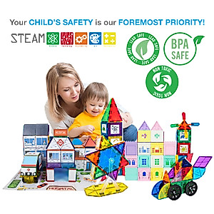 PicassoTiles Master Builder Magnetic Early Educational Toy Building Block Kit with 3 in 1 Playboard for Kid,Baby Ages 3 and Up, STEM Construction with School, Bus, Hospital, Police Station, 300 Piece