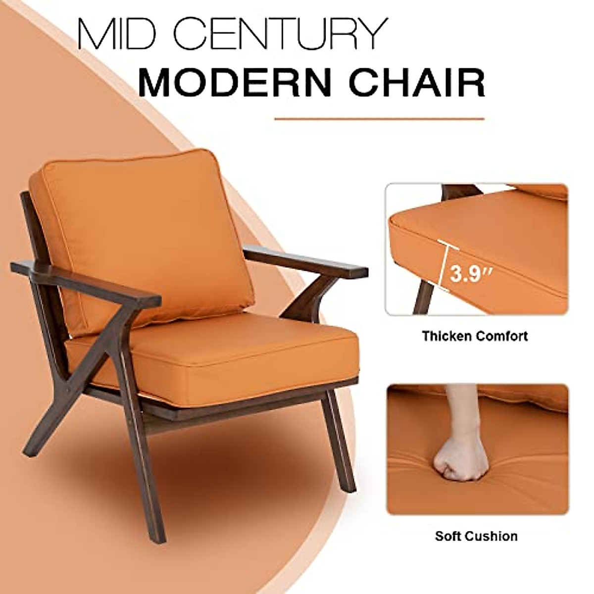 ONG Mid Century Accent Chair Brown Leather - Modern Armchair Upholstered Cushioned with Wooden Armrest Wood Legs Lounge Single Sofa Chair for Living Room Bedroom Home Furniture 330lbs (Brown Leather)