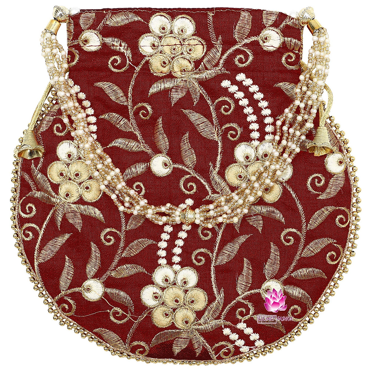 Bridal Bag for Women Indian Ethnic Potli Drawstring Purse Handbag Embroidered Floral Bag Batwa Wedding Jewelry Pearls Handle Clutch (H*L-23x24CM Maroon)