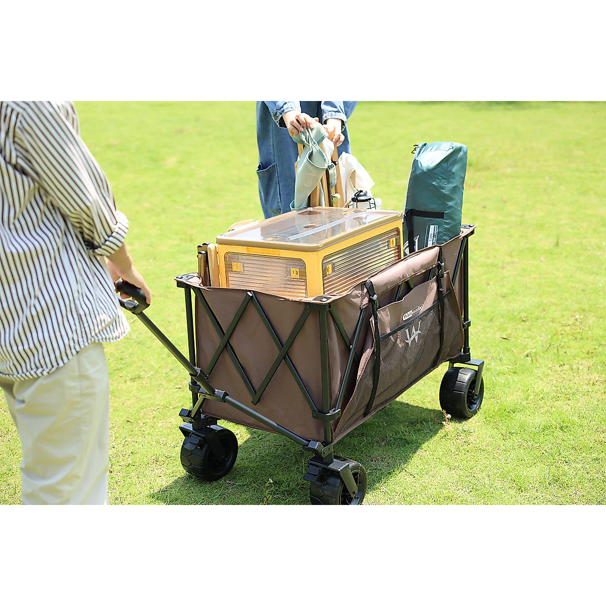 Whitsunday Heavy Duty Collapsible Wagon Cart, 380lb Load-Bearing Utility Wagon Cart with Big All Terrain Wheels, Folding Outdoor Wagon with Side Pocket for Beach, Camping, Outdoor Brown