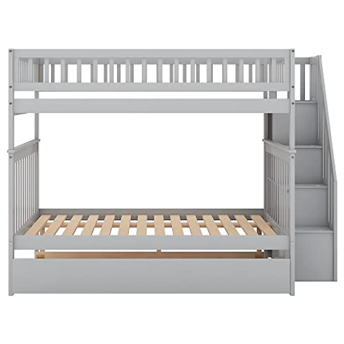 UBGO Full Over Full Bunk Bed with Pull Out Trundle Bed and Storage Stairs, Safety Rails, Full Size Bunk Bed for Kids Teens Adults, Space Saving, Easy to Assemble, Grey