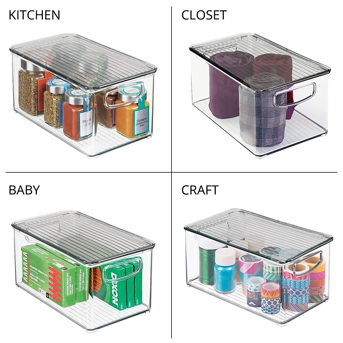 mDesign Plastic Deep Storage Bin Box Container with Lid and Built-In Handles - Organization for Fruit, Snacks, or Food in Kitchen Pantry, Cabinet, Cupboard, Ligne Collection, 6 Pack, Clear/Smoke Gray