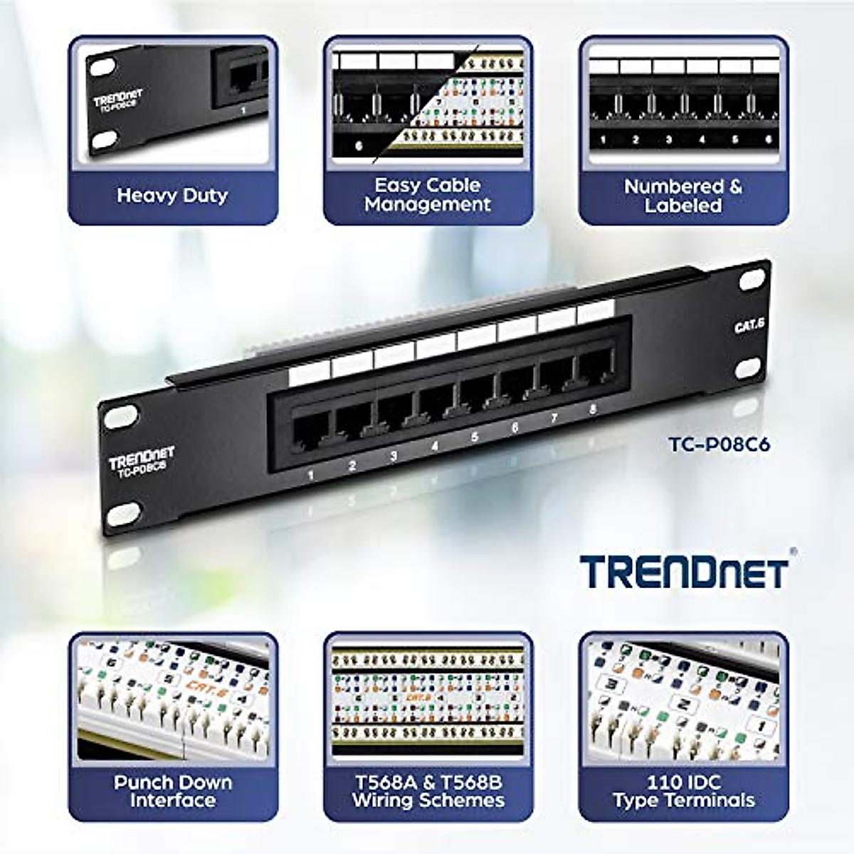 TRENDnet 8-Port Cat6 Unshielded Patch Panel, TC-P08C6, Rackmount, 10 Inch Wide, 8 x Gigabit RJ-45 Ethernet Ports, Pre-Numbered Ports, 250 Mhz Connection, Color Coded Labeling,