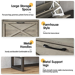 Maupvit Shoe Storage Cabinet with 2 Flip Drawers and Removable Shoe Bench, Farmhouse Shoe Organizer with Metal Legs, Narrow Slim Shoe Rack Cabinet for Entryway,Grey