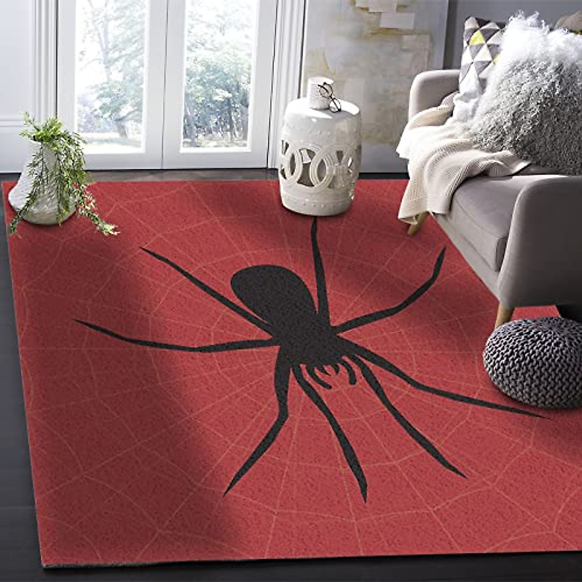 Area Rug Indoor Carpet Black Spiders Web Burgundy Red Back Happy Halloween Home Decor Soft Rugs Collection Comfy Floor Mat Horror Animals Accent Rugs for Bedroom Living Room Kids Room36x60In