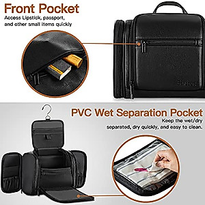 Elviros Travel Hanging Toiletry Bag for Women and Men, Large PU Leather Toiletries Organizer, Water-resistant Bathroom Shaving Kit for Cosmetics, Makeup Case (Extra Large, Black)