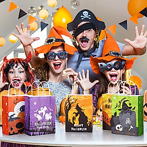 Qilery 48 Pieces Halloween Treat Bags with Handles Kraft Paper Halloween Candy Bags for Kid Goodie Snack Trick or Treating Party Bulk Supplies, 8 Patterns