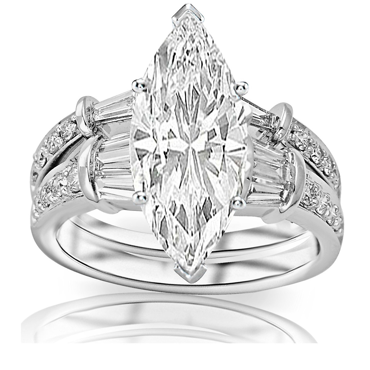 Houston Diamond District 1.58 Carat t.w. GIA Certified Marquise Cut 14K White Gold Baguette And Round Brilliant Engagement Ring Wedding Band Set (I-J Color VS1-VS2 Clarity Center Stones)
