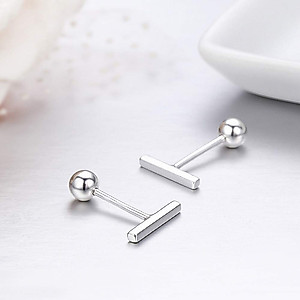 Sterling Silver Mini Bar Earrings for Women 14K Gold Plated Minimalist Tiny Short Bars 20g Barbell 4mm Ball Stud Tragus Post Screw Back Hypoallergenic Dainty Jewelry (Silver)