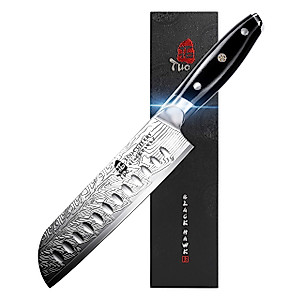 TUO Santoku Knife - Japanese Chef Knife 7-inch High Carbon Stainless Steel - Kitchen Knives with G10 Full Tang Handle - Black Hawk-S Knives Including Gift Box