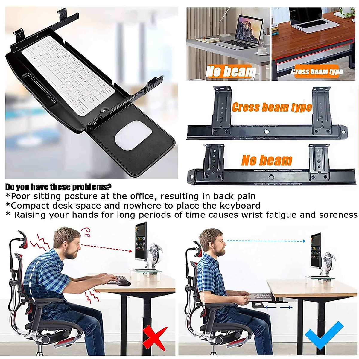 Underdesk Keyboard/Mouse Tray, Under Desk Tray Slide Out, Made of Metal Steel, Reserve Pen Tray, Steel Keyboard Tray Can Rotate 360°, Ordinary Model/Mold Beam Model
