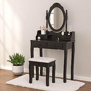 mecor Vanity Table Set/Oval Mirror,Wood Makeup Table w/4 Drawer Storage,Bedroom Dressing Table with Cushioned Stool for Girls Women Black