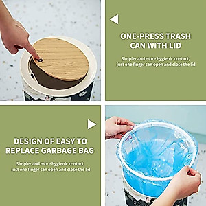 IBPNKFAZ89 Small Trash Can with Lid Seamless Watercolor Floral Pink Flowers Gold Elements Green Leaves Garbage Bin Wood Waste Bin Press Cover Round Wastebasket for Bathroom Bedroom Office Kitchen