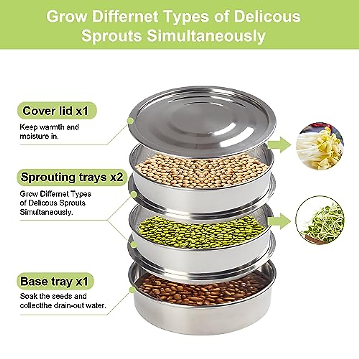 KCGANI Stainless Steel Seed Sprouting Kit, 3-Tier Stackable Microgreens Growing Trays with Base and Lid, Mesh Germination Tray Sprouts Growing Set for Growing Fresh Broccoli Bean Alfalfa Wheat Grass