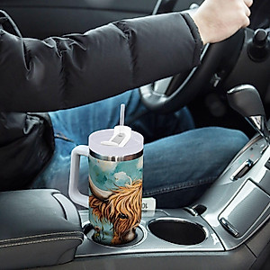 Nesatuwa 30 oz Sunflowers Highland Cow Tumbler with Handle and Straw Lid,Reusable Stainless Steel Vacuum Insulated Tumbler Leakproof Travel Coffee Mug for Iced and Hot Beverages