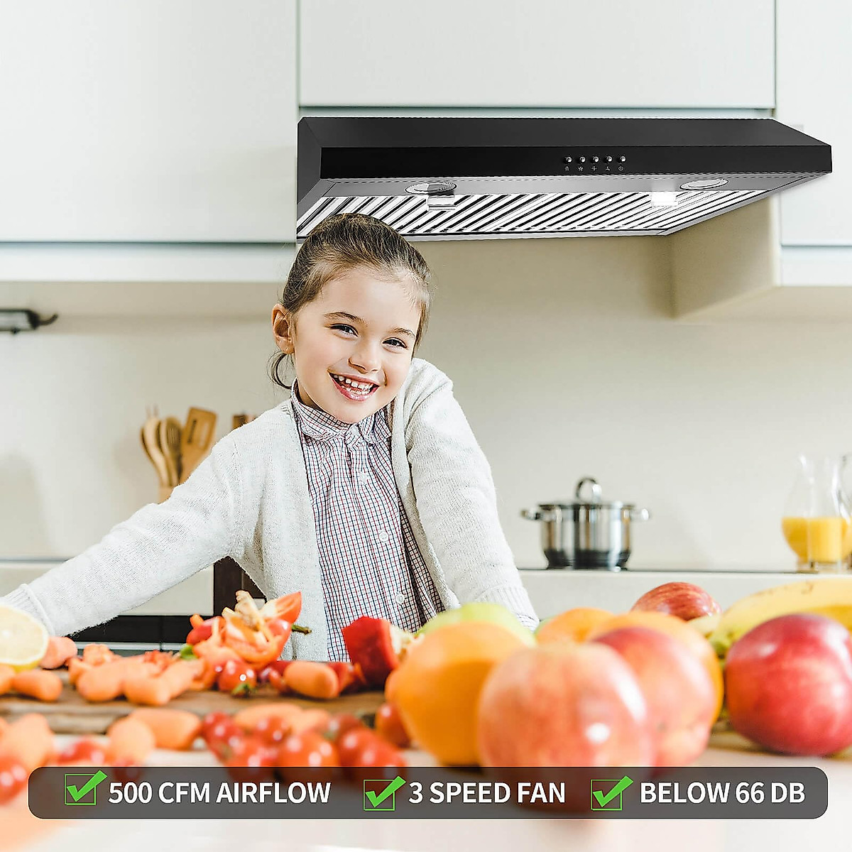 SNDOAS Range Hood 30 inch Under Cabinet,Black Range Hood with 500 CFM,Ductless Range Hood Black,Stainless Steel Kitchen Vent Hood 30 inch with 3 Way Venting,Baffle Filters,LED Lights