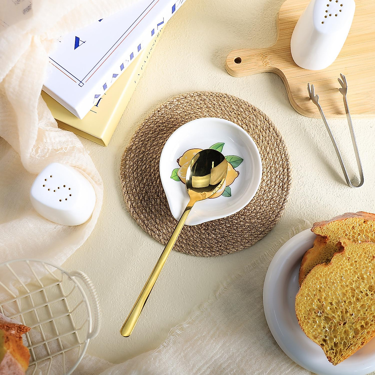 Bicuzat Ceramic Spoon Rest for Stove Top Kitchen Counter Dining Table Farmhouse Coffee Spoon Rest Spoon Holder Kitchen Decoration-Lemon