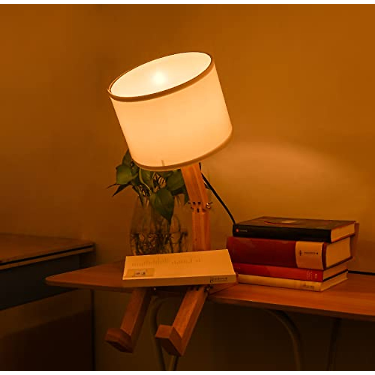 ELINKUME Cute Desk Lamp,Unique Table Lamps,Wood Bedside Table Lamp Fun Funky Person Lamp Wooden Robot Cute Lamps for Bedrooms