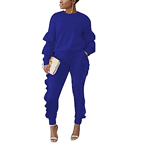 Akmipoem Women Sweatshirt Ruffle Sleeve Pullover Tops and Long Jogger Pants Royal Blue XL