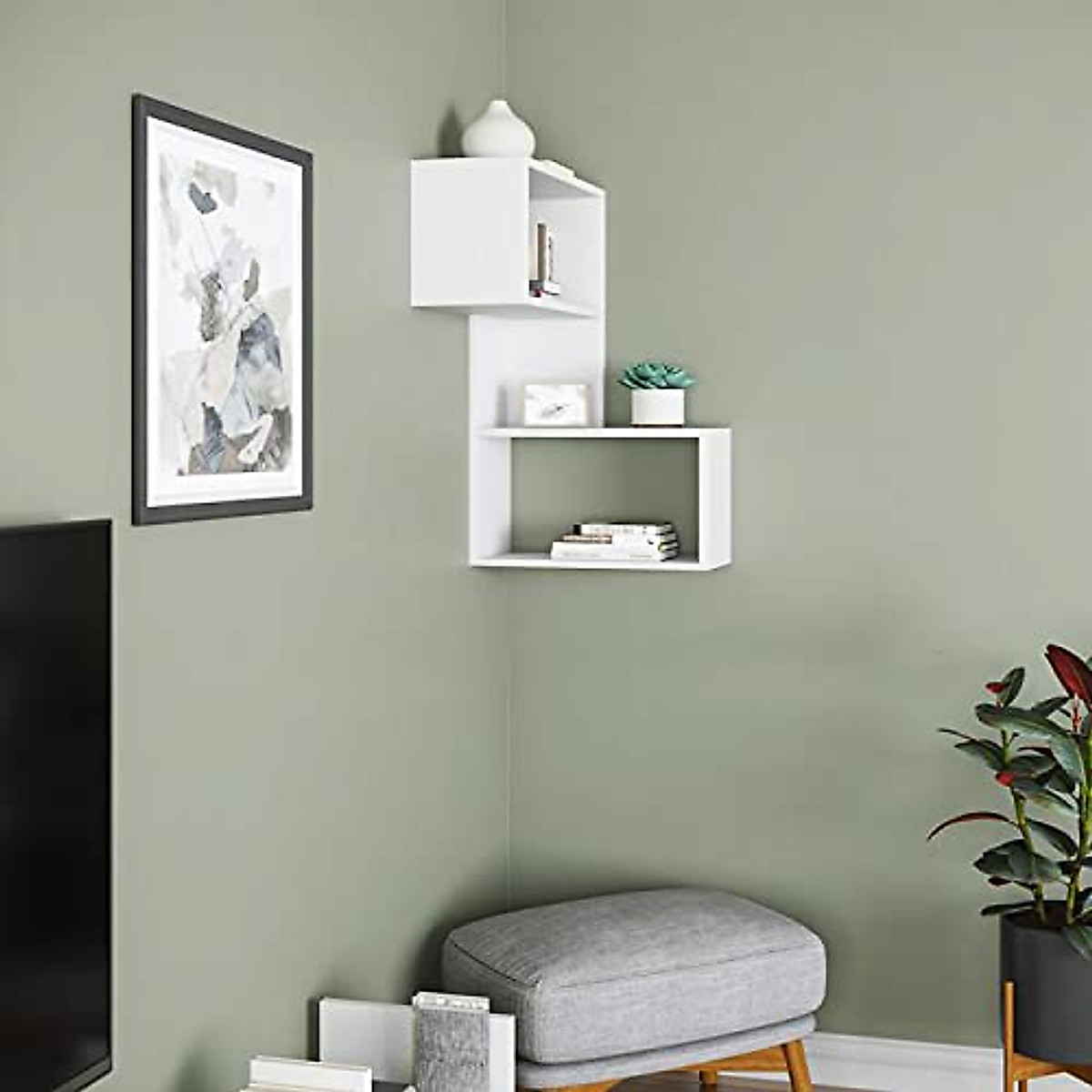 RANK Corner Shelf Wall Mounted, White Corner Shelves, Floating Corner Bookcase, Wall Storage Shelves for Wall Decor Living Room, Bedroom, Bathroom