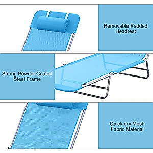 Outsunny Folding Chaise Lounge Pool Chairs, Outdoor Sun Tanning Chairs with Pillow, Reclining Back, Steel Frame & Breathable Mesh for Beach, Yard, Patio, Blue
