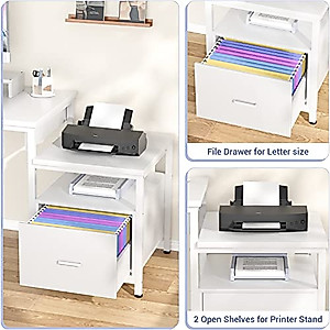 Aheaplus L Shaped Desk with Power Outlet, Standing Home Office Desk with Lift Top and File Drawer, 63'' Corner Computer Desk with Monitor Stand&Printer Shelves, Gaming Desk with Led Lights, White